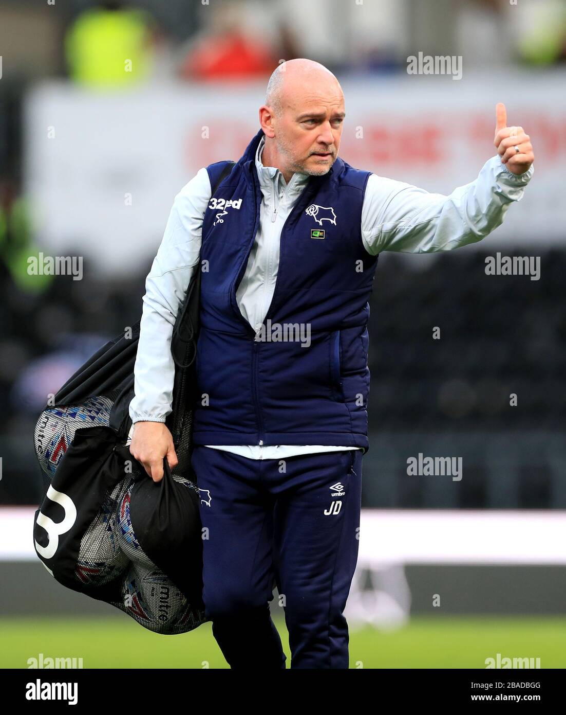 Derby County's First Team Kit Man Jonathan Davidson on the pitch prior ...