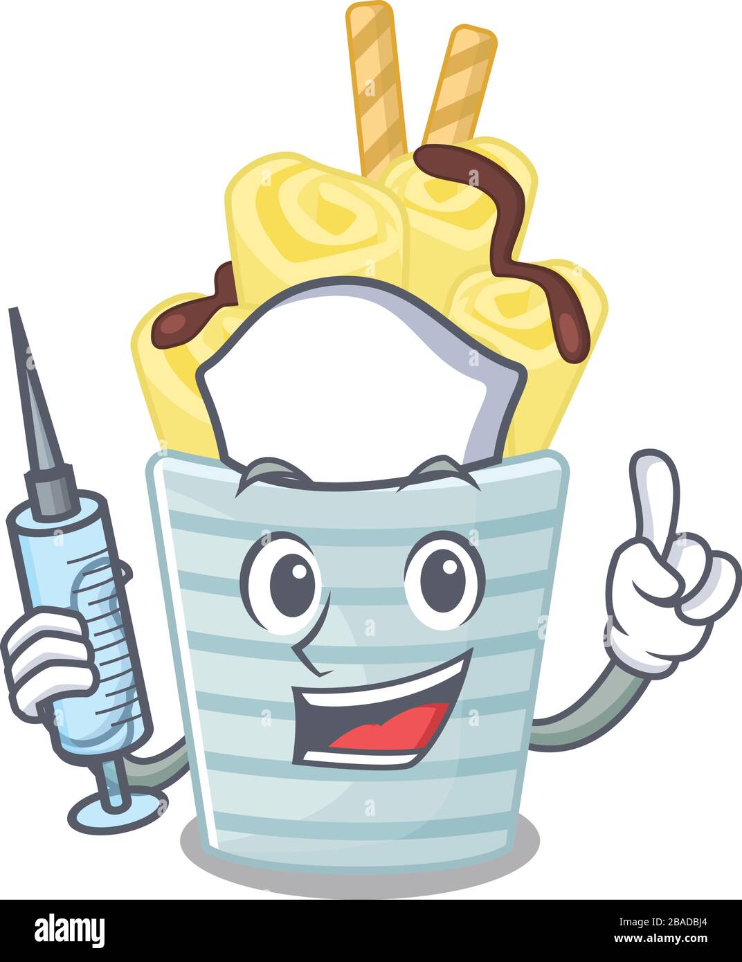 Friendly nurse of ice cream banana rolls mascot design holding syringe ...