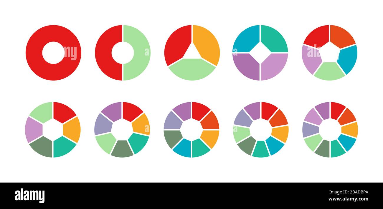 set of colored pie charts for 1,2,3,4,5,6,7,8,9,10 steps or sections to ...