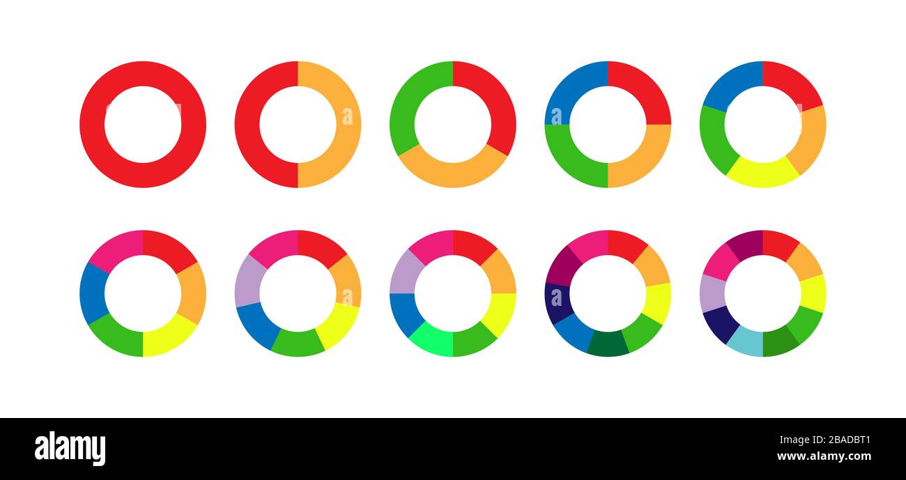 set of colored pie charts for 1,2,3,4,5,6,7,8,9,10 steps or sections to ...