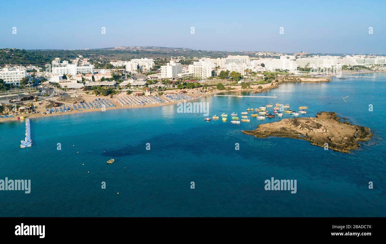 Aerial bird's eye view of Fig tree bay in Protaras, Paralimni ...