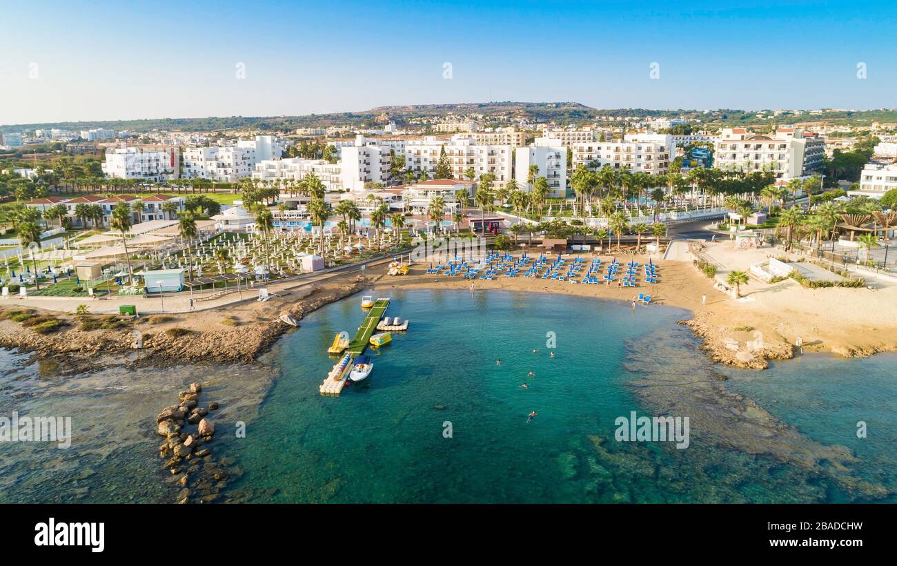 Aerial bird's eye view of Pernera beach in Protaras, Paralimni ...