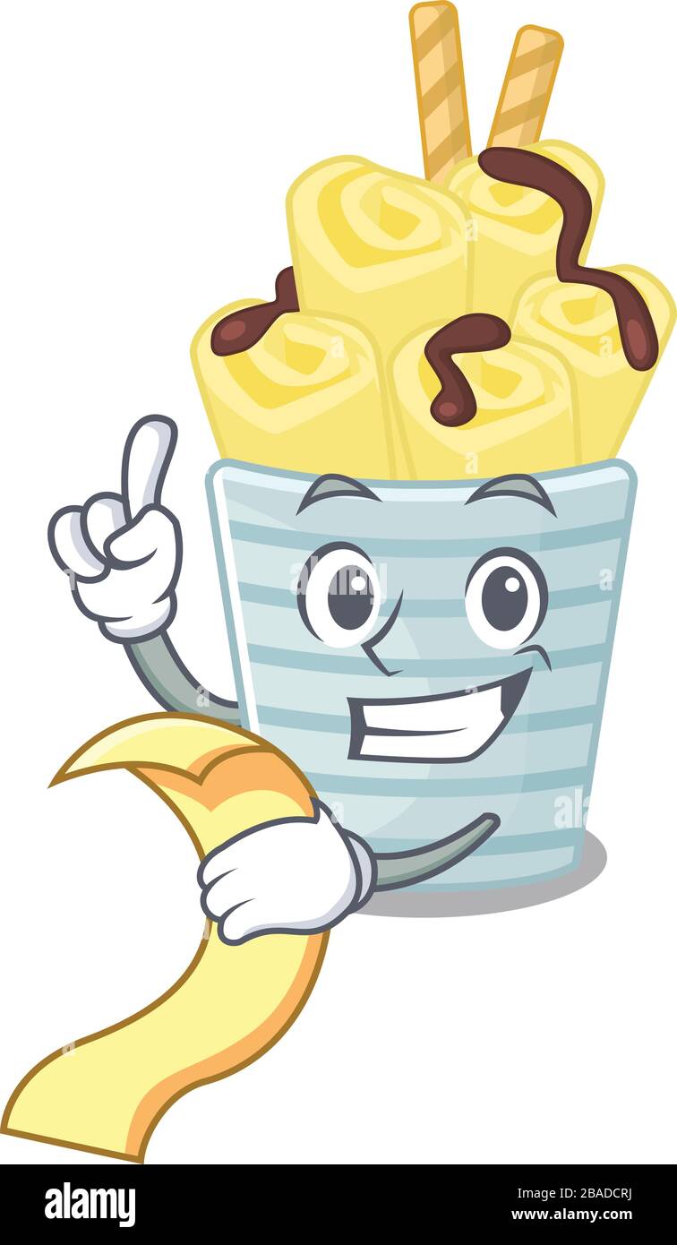 cartoon character of ice cream banana rolls holding menu ready to serve ...