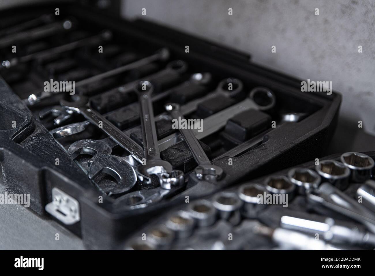 Dirty used wrench and tools in mechanic tool box Stock Photo - Alamy