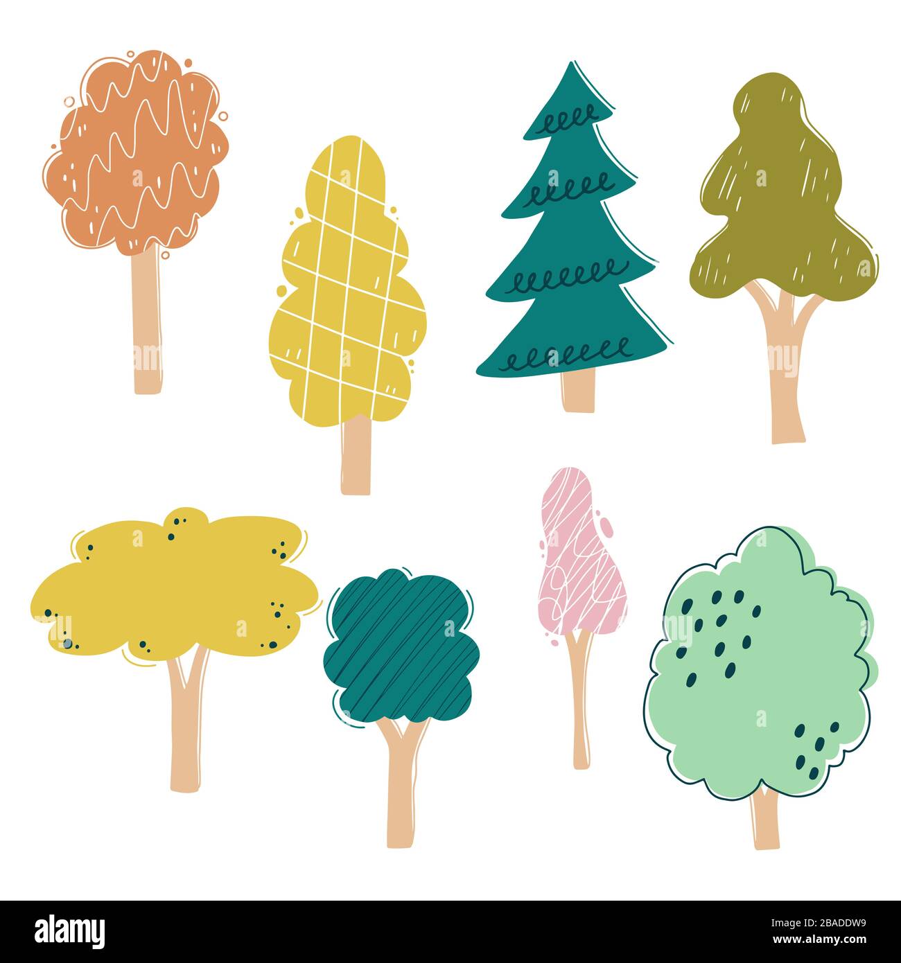 Set of cartoon tree with hand drawn elements isolated. Nature flat tree ...