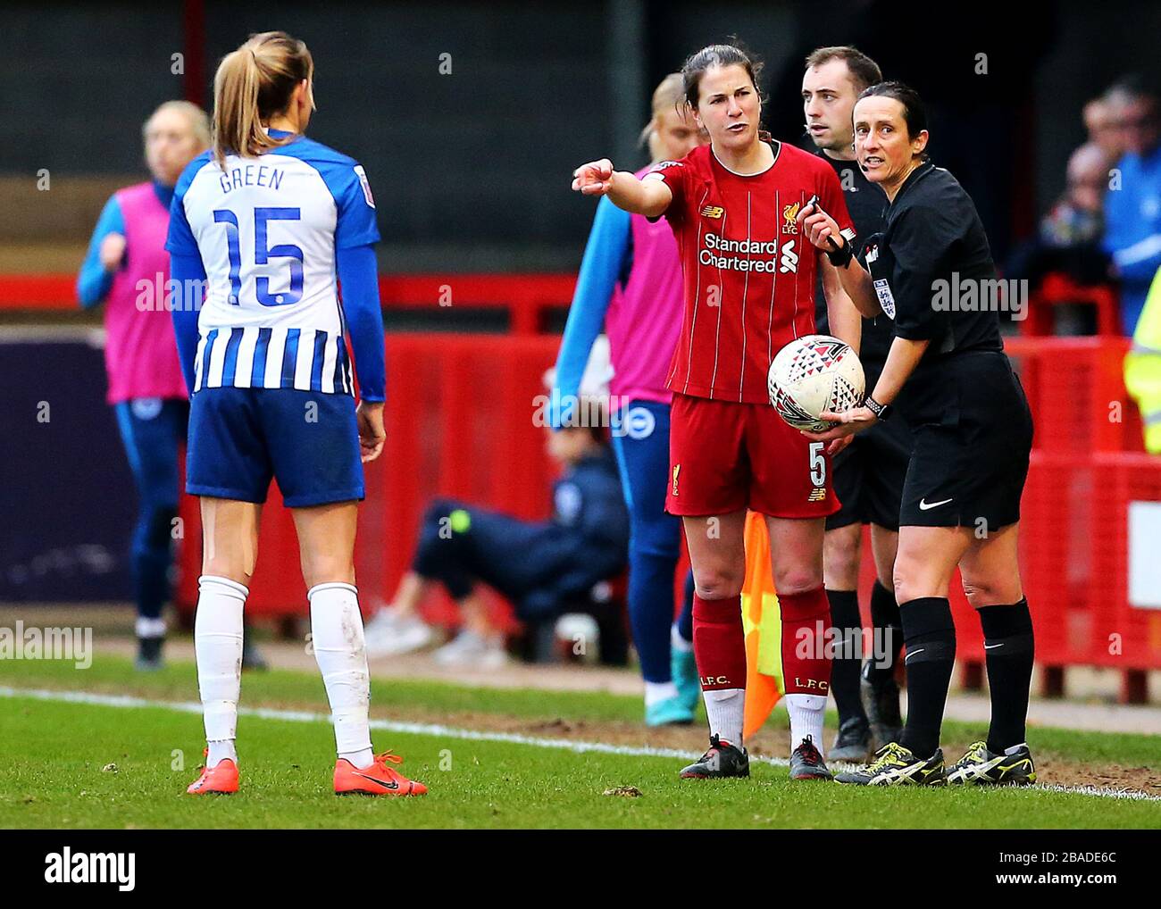 Liverpool's Niamh Fahey and Brighton's Kayleigh Green (left) prepare to ...