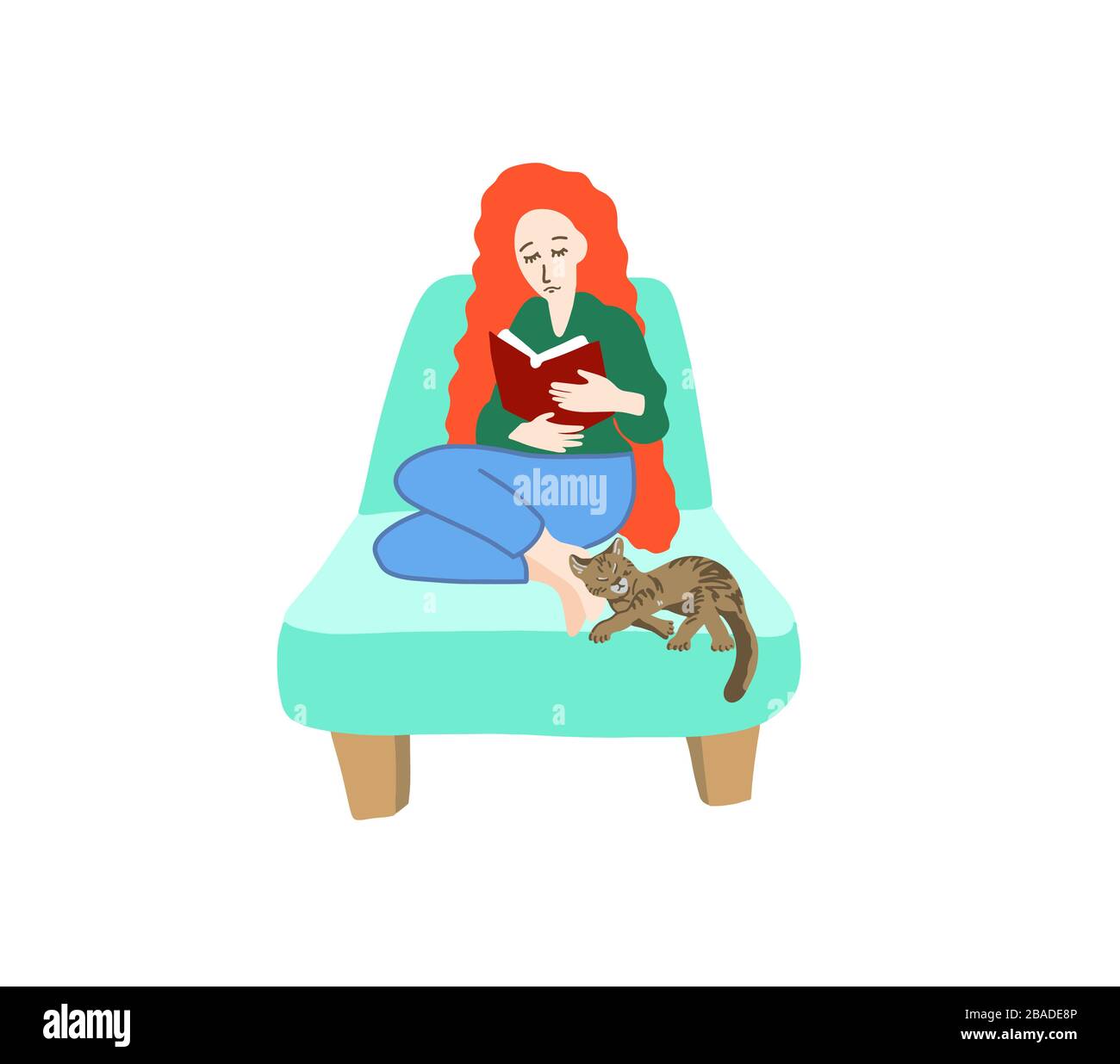 girl with bright red hair sits in an armchair and reads a book with her ...
