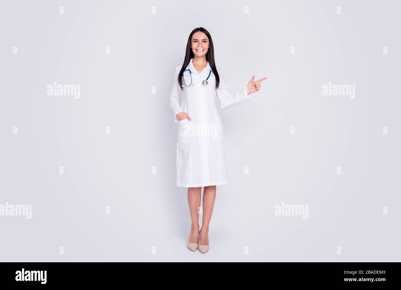 Full body photo of cheery professional practitioner lady advising ...