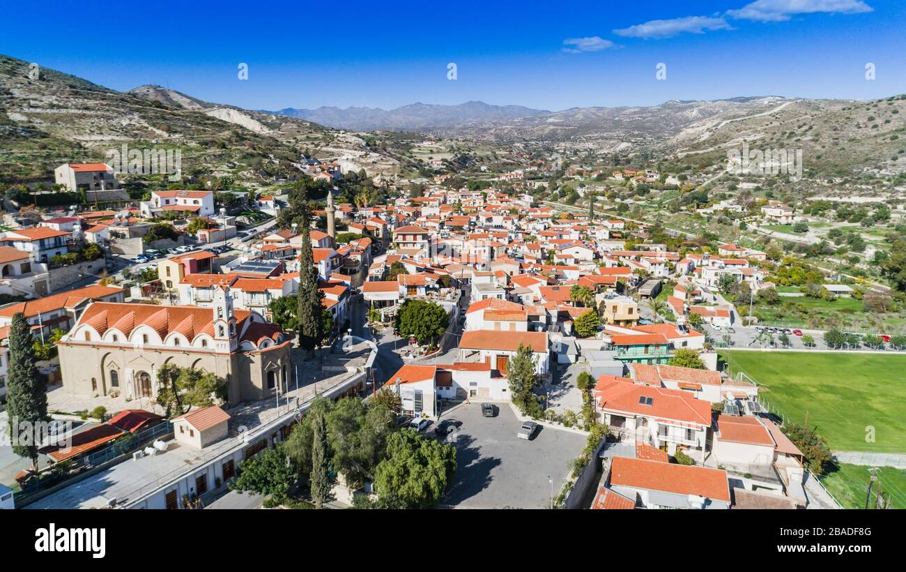 Aerial bird eye view of Kalavasos village valley, Larnaca, Cyprus. A ...
