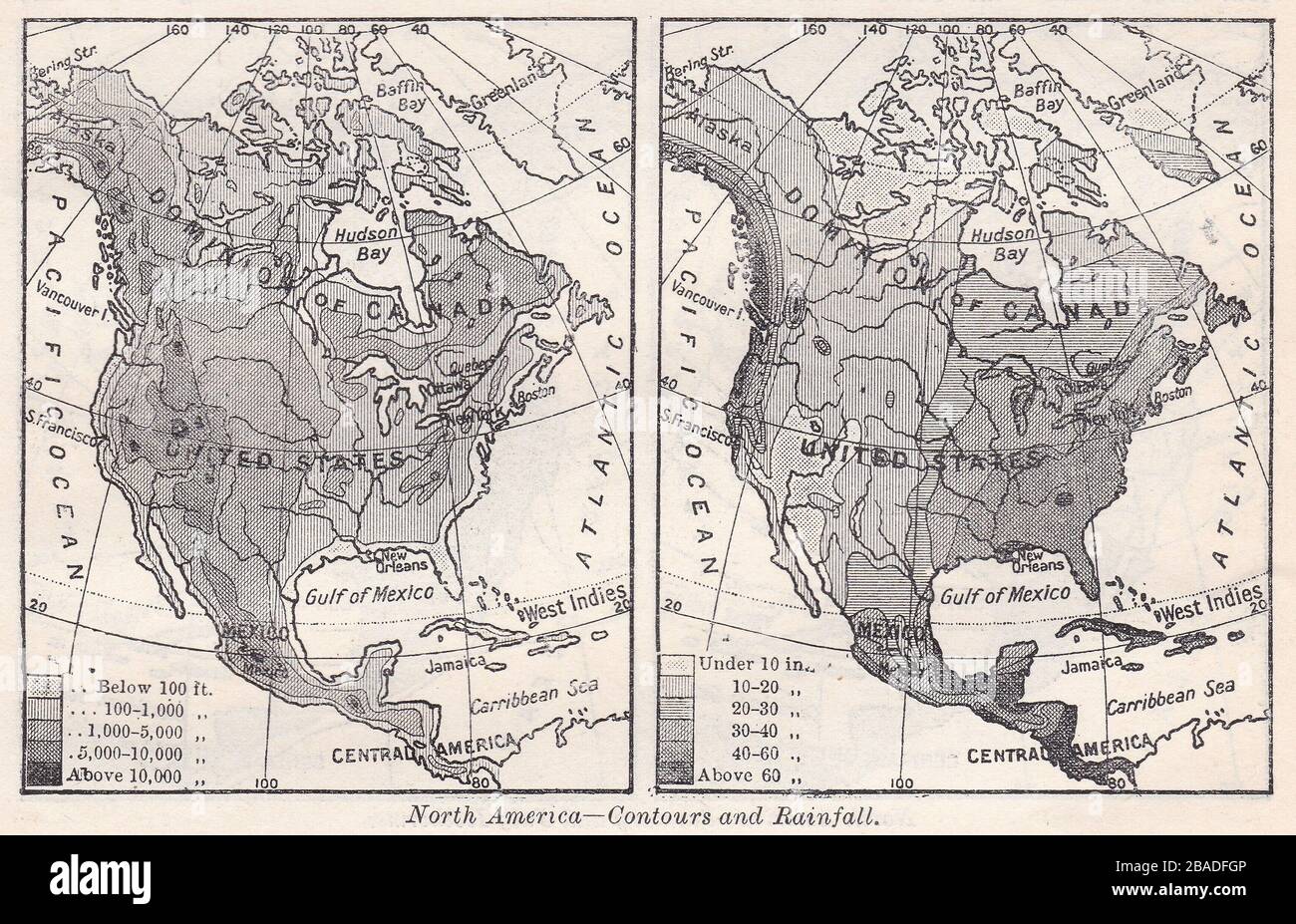 Vintage map of North America showing Contours and Rainfall 1900s Stock ...