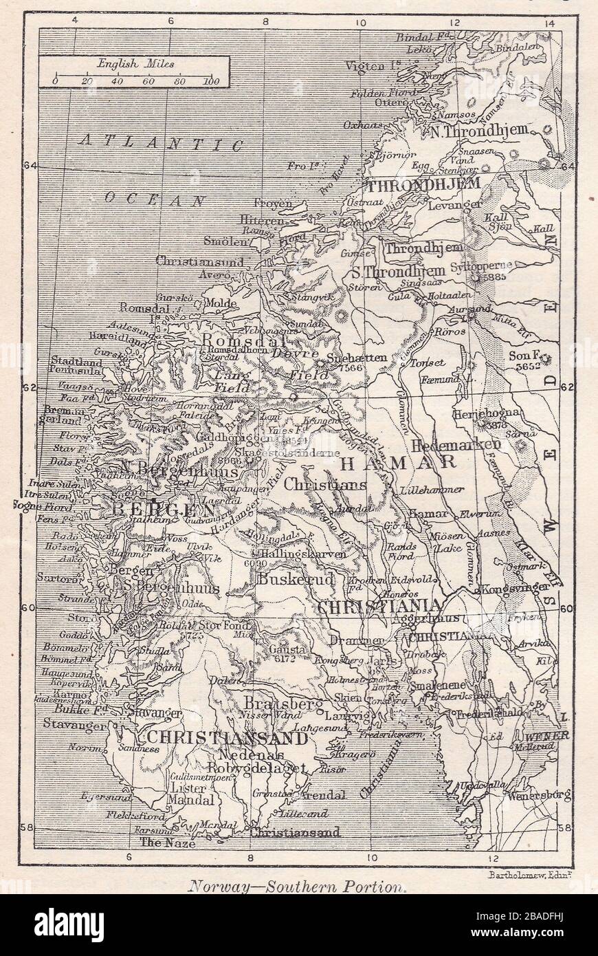 Vintage map of Norway - Southern Portion 1900s Stock Photo - Alamy