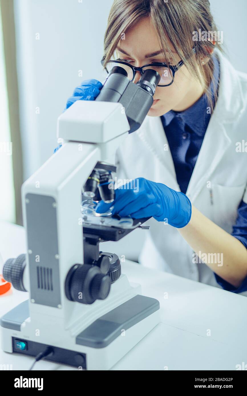 Young scientist looking through a microscope in a laboratory. Young ...