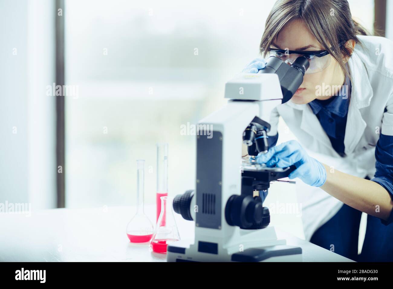 Young scientist looking through a microscope in a laboratory. Young ...