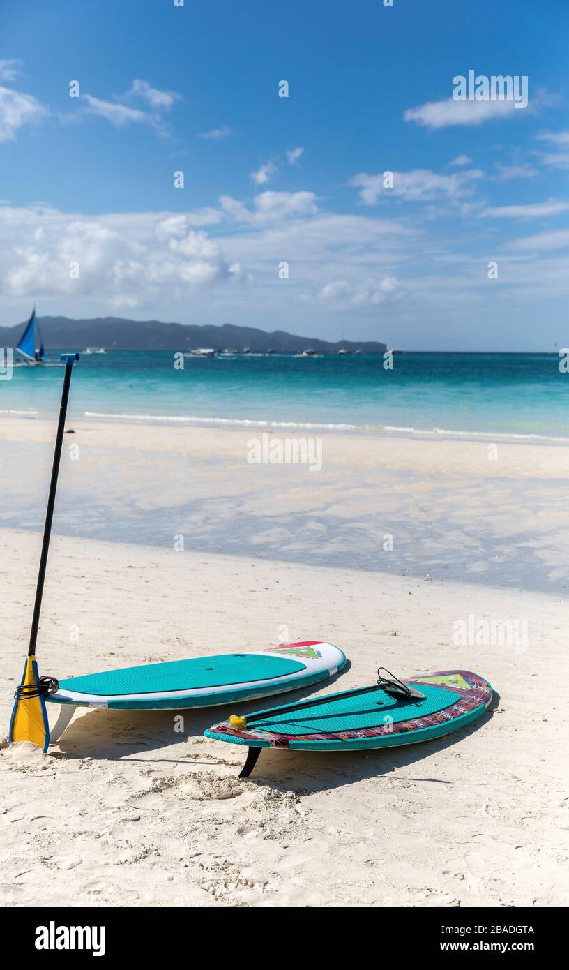 surfboard on the white beach shore, Boracay,Philippines Stock Photo - Alamy