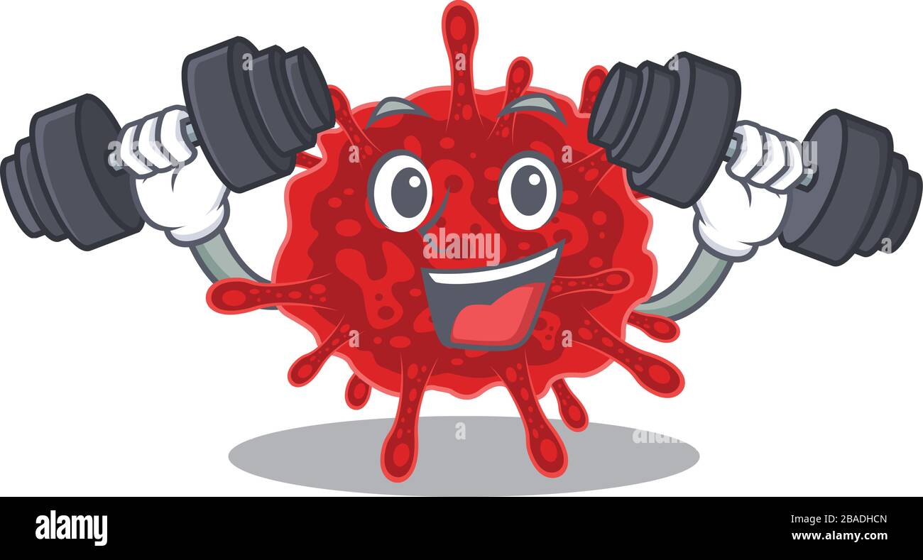 Smiley Fitness exercise buldecovirus cartoon character raising barbells ...