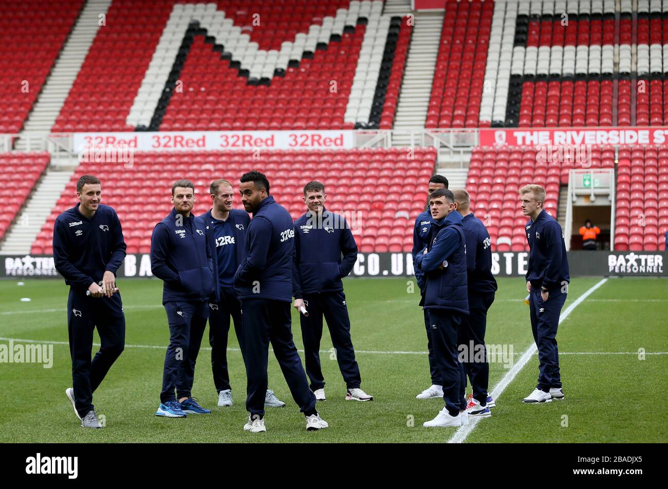 Derby County players on the pitch at Middlesbrough's Riverside Stadium ...