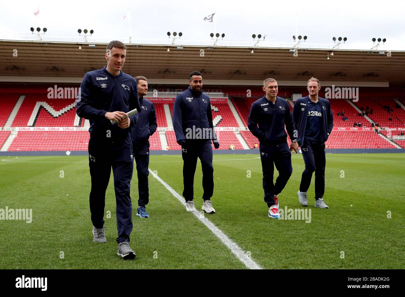 Derby County players on the pitch at Middlesbrough's Riverside Stadium ...