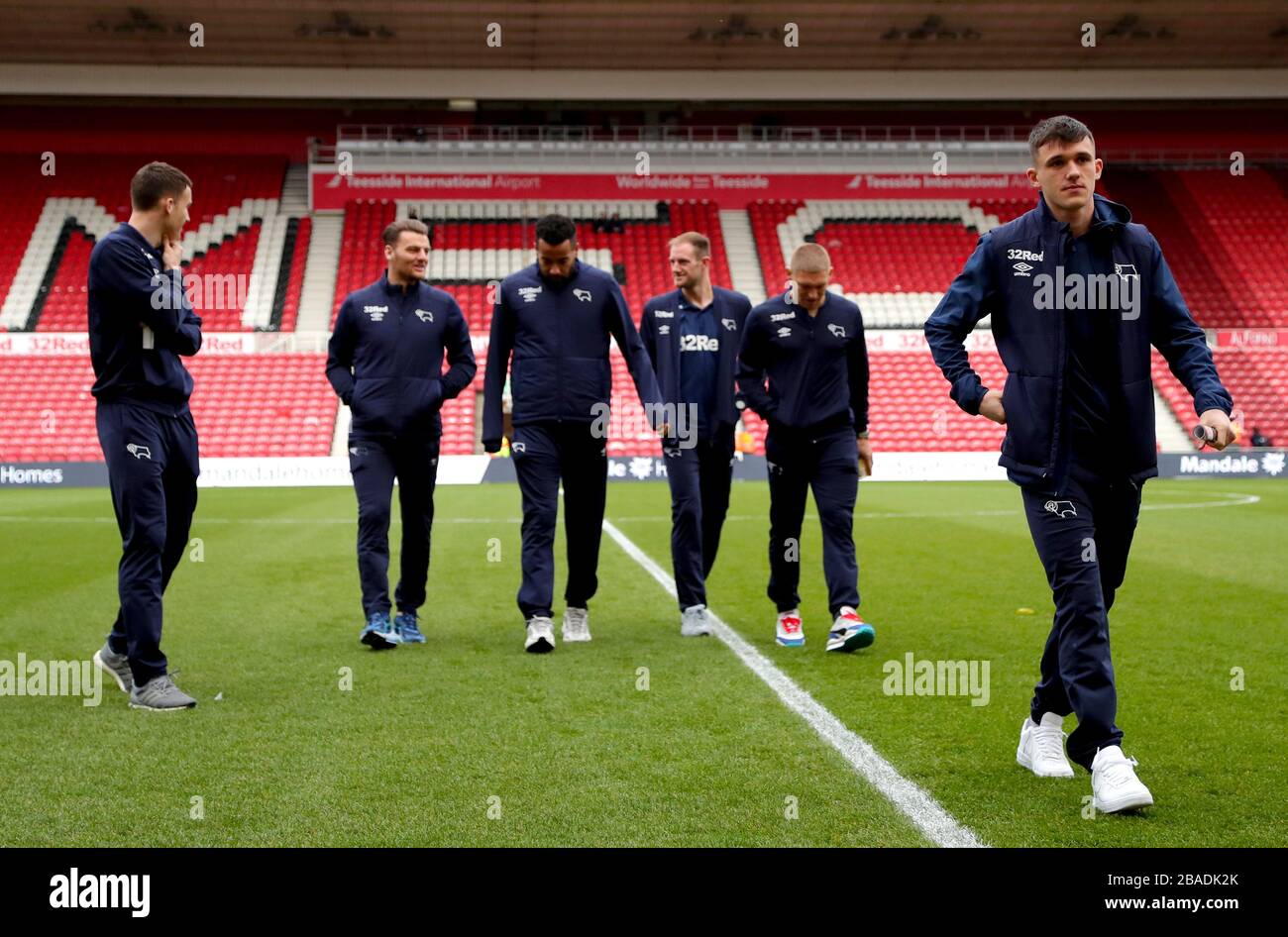 Derby County players on the pitch at Middlesbrough's Riverside Stadium ...