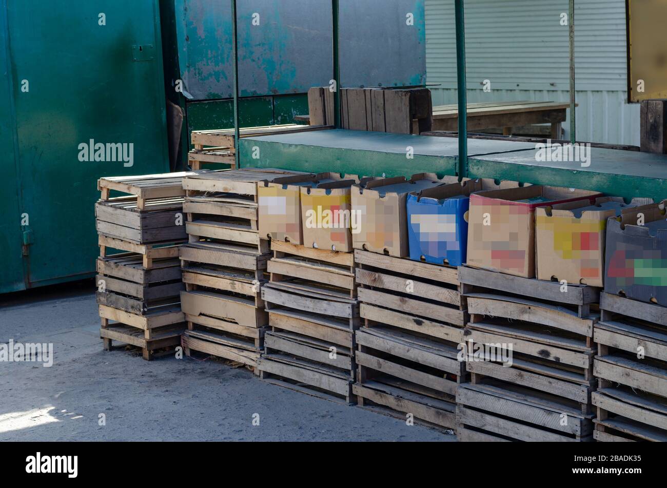 Empty counters of the local market. Closed market territory. Empty ...