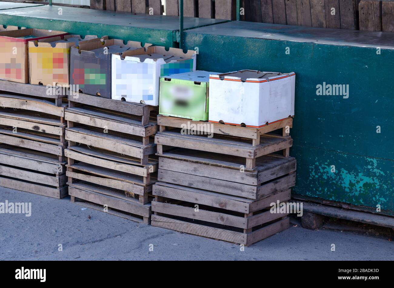 Empty counters of the local market. Closed market territory. Empty ...