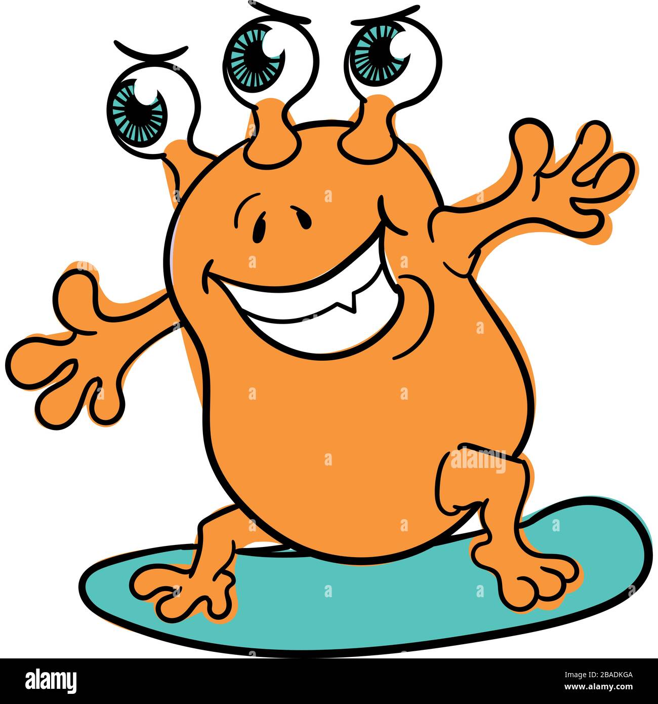 cartoon, cute three-eyed orange alien on a surfboard isolated on a ...