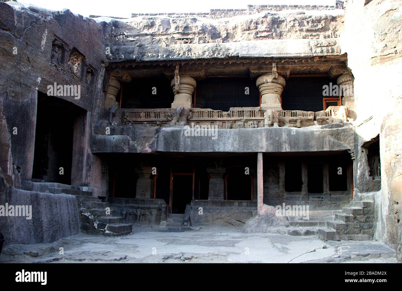 View of storied cave temples and entry steps at Ellora in Maharashtra ...