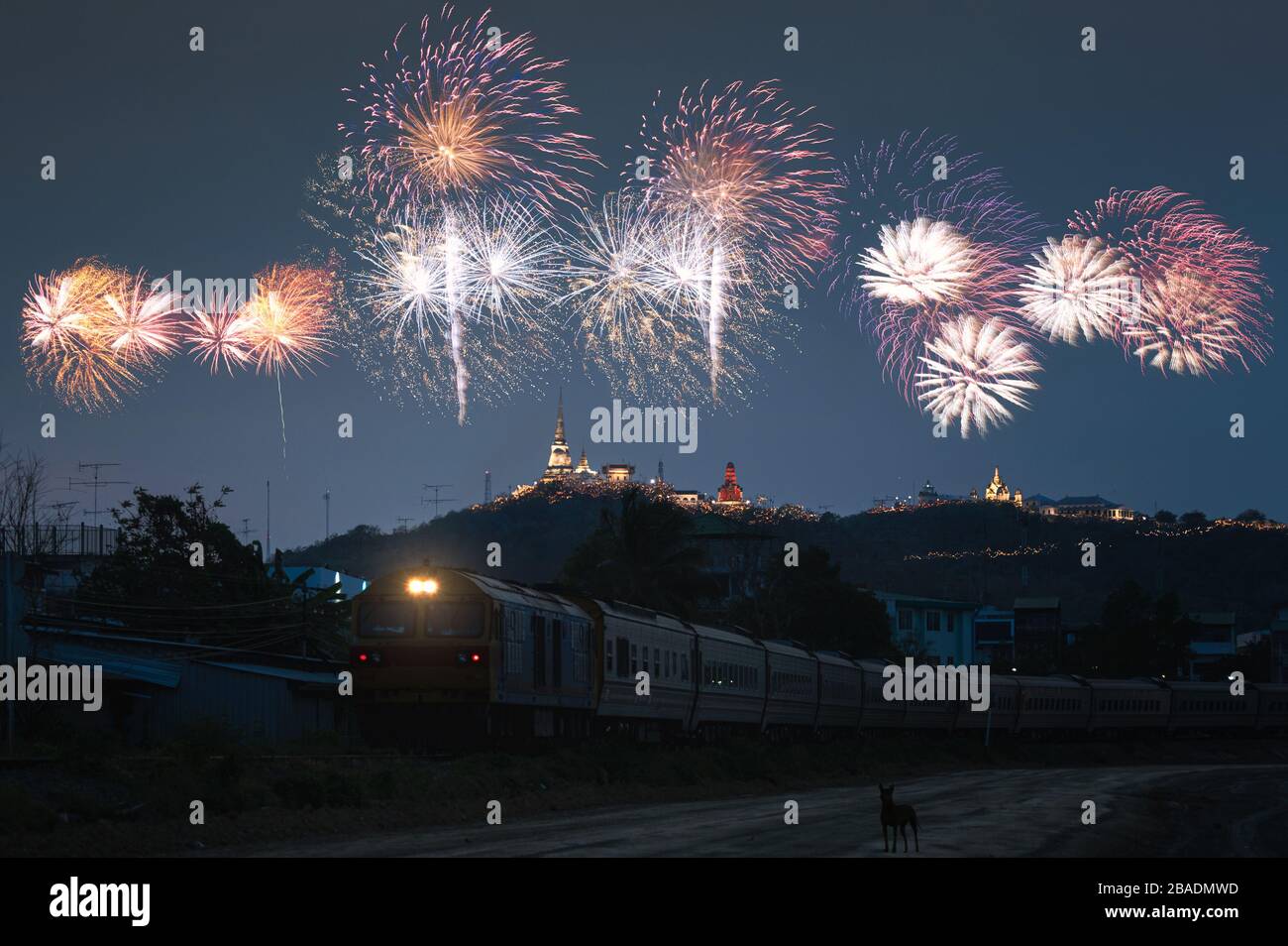 Antique train on railway with colorful fireworks in annual event on ...