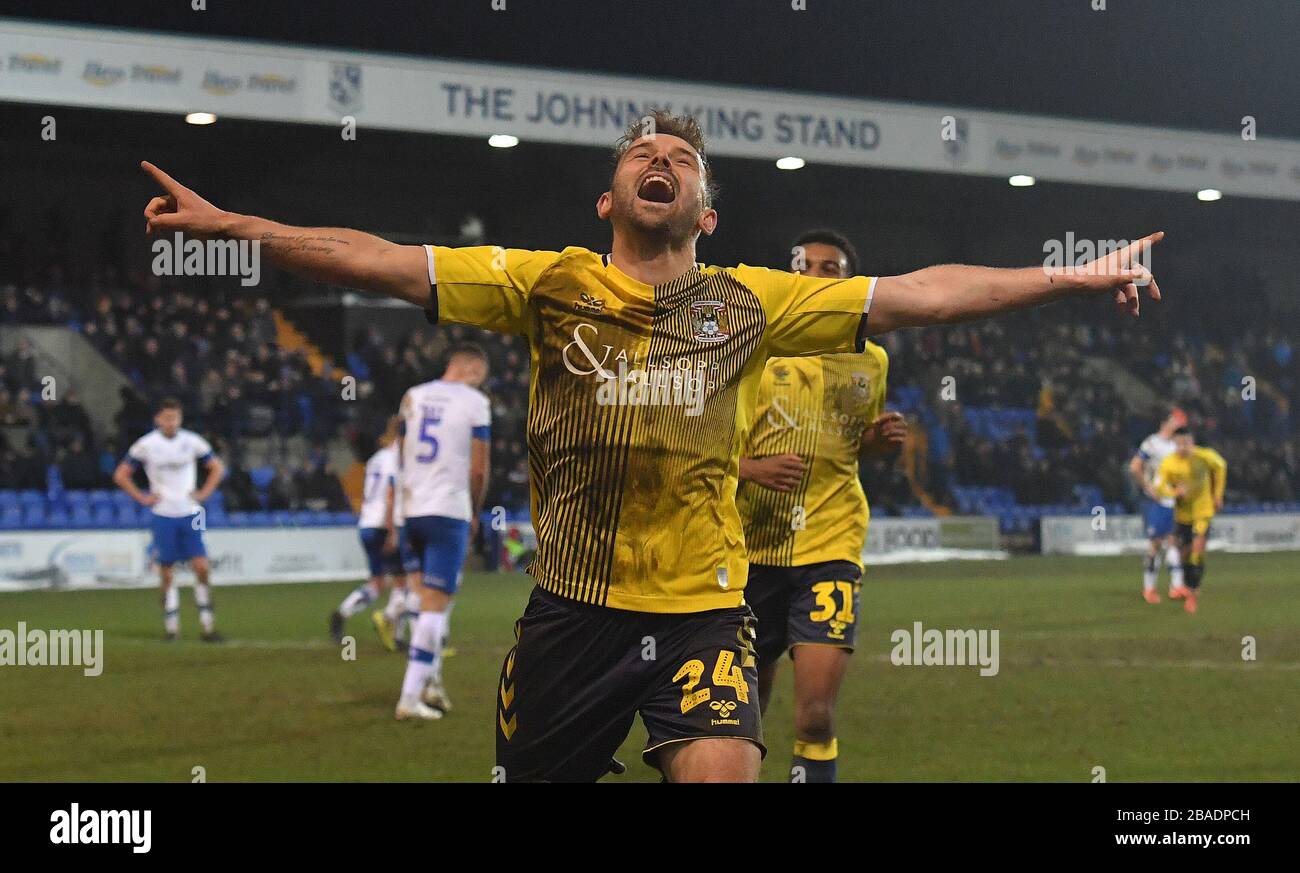 Coventry City's Matthew Godden celebrates his hat trick, his side's ...