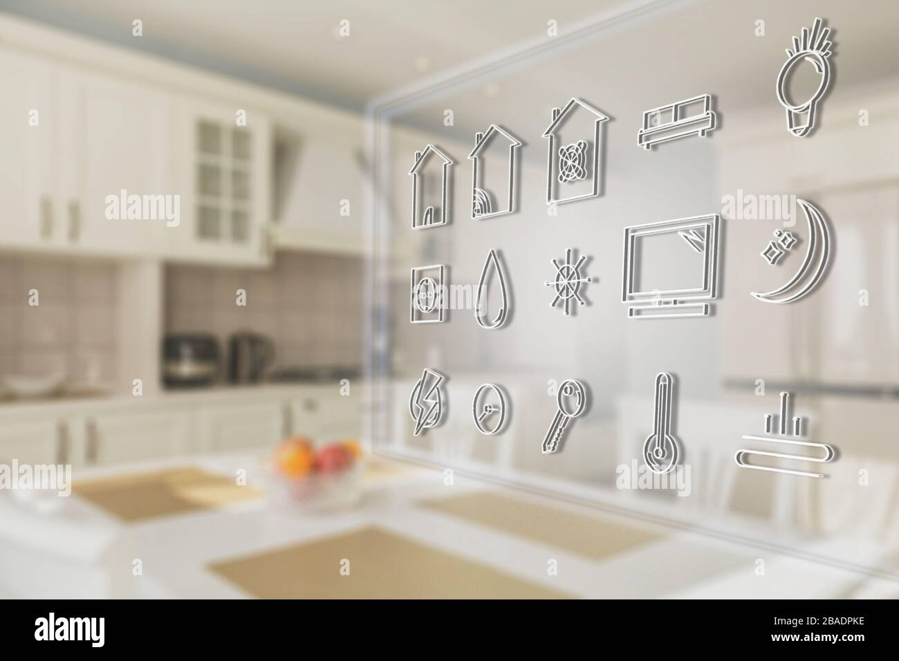 Smart home technology concept. Touch screen display of modern house ...