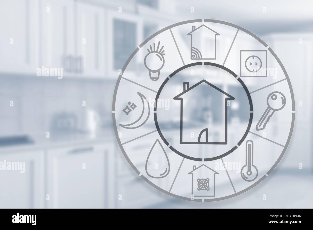 Smart home technology concept. Touch screen display of modern house ...