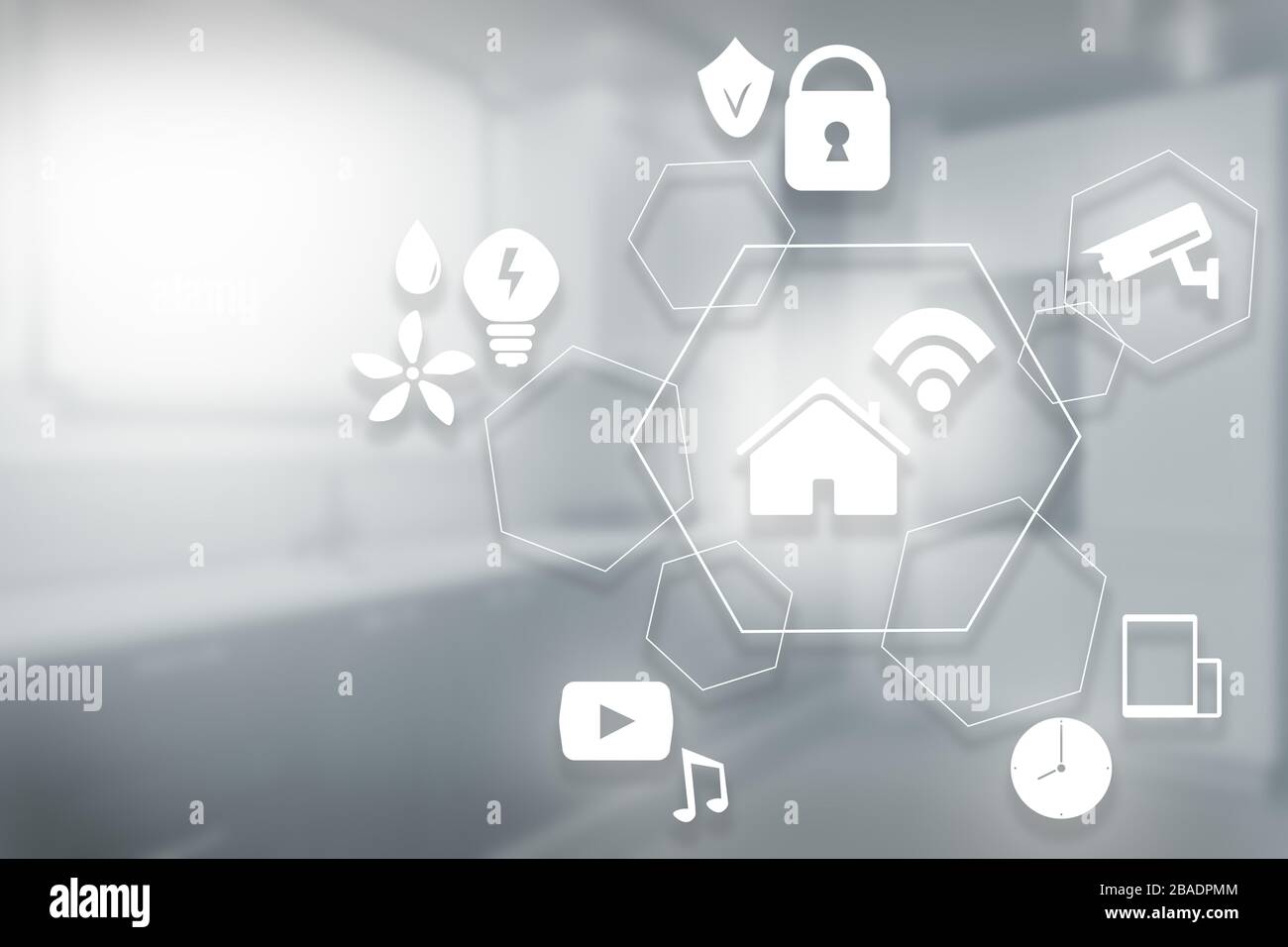 Smart home technology concept. Touch screen display of modern house ...