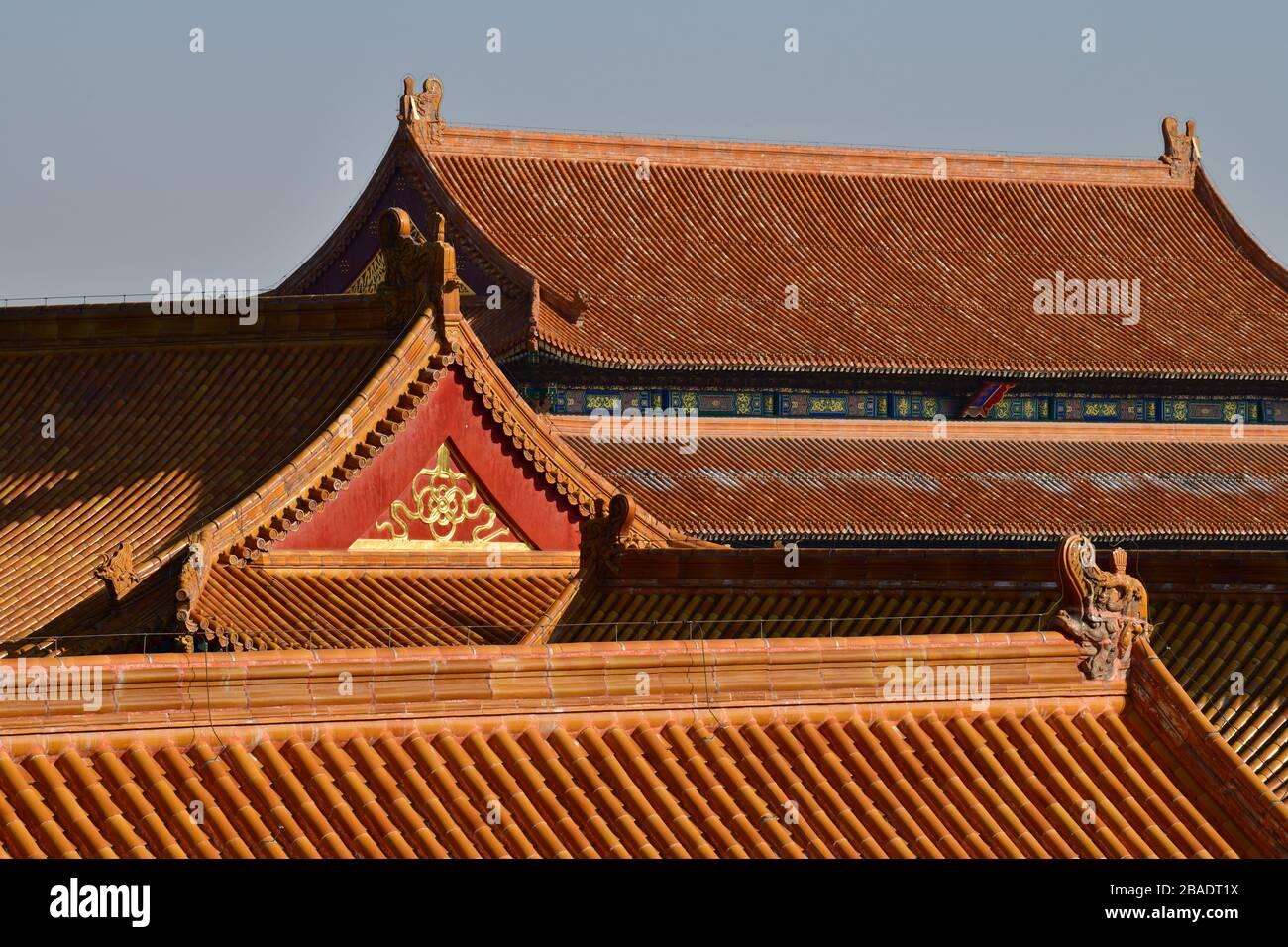 Compressed and close up view at roof level of a number of the red roofs ...