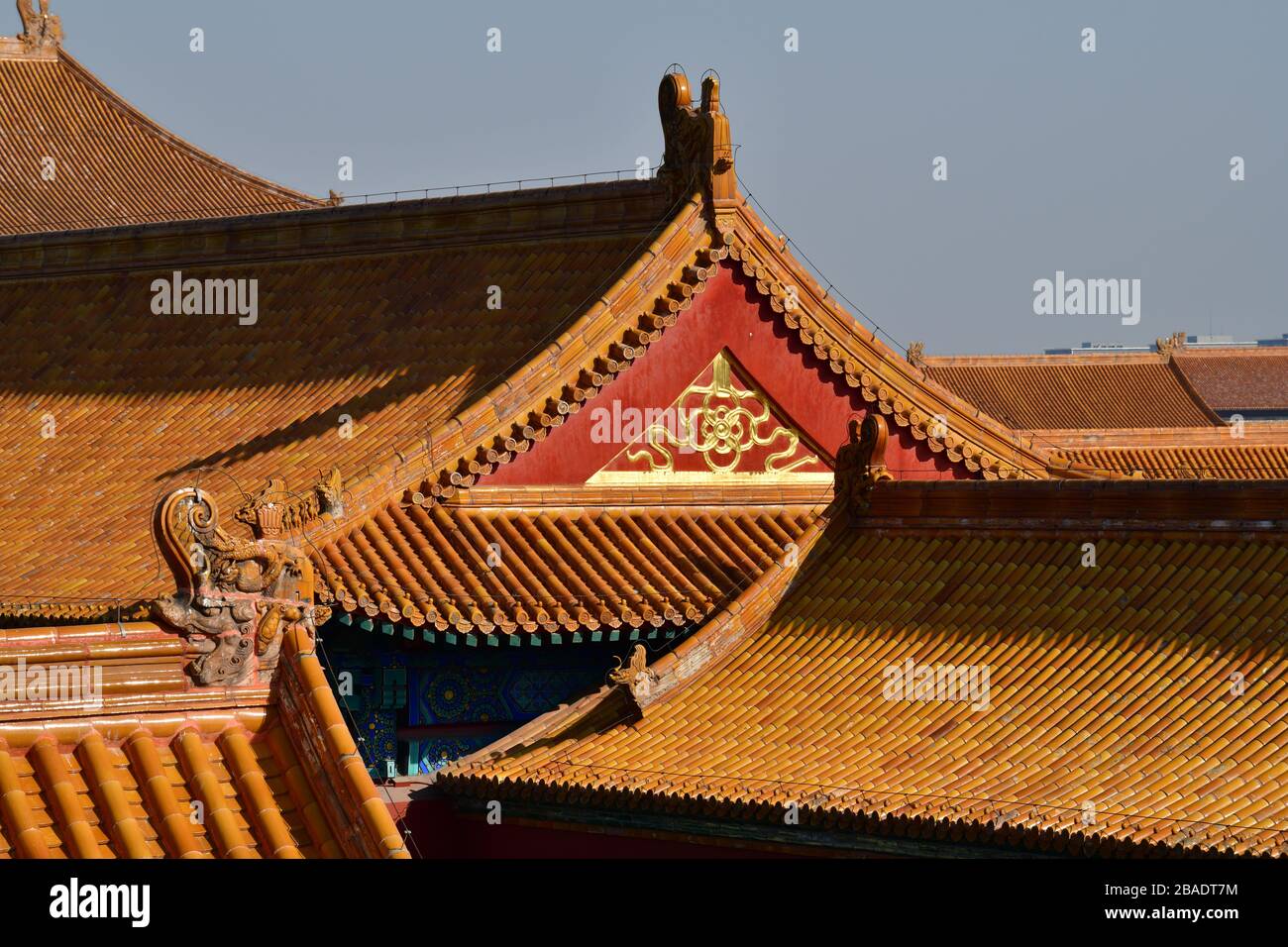 Close up of compressed view of the bright red roofs of the ancient ...
