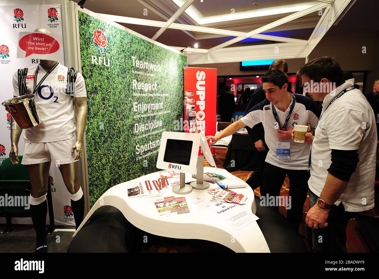 Delegates at the RFU exhibition stand on Day One of the Rugby Expo 2012 ...