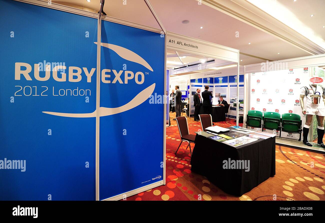 General view of signage on Day One of the Rugby Expo 2012 Stock Photo ...
