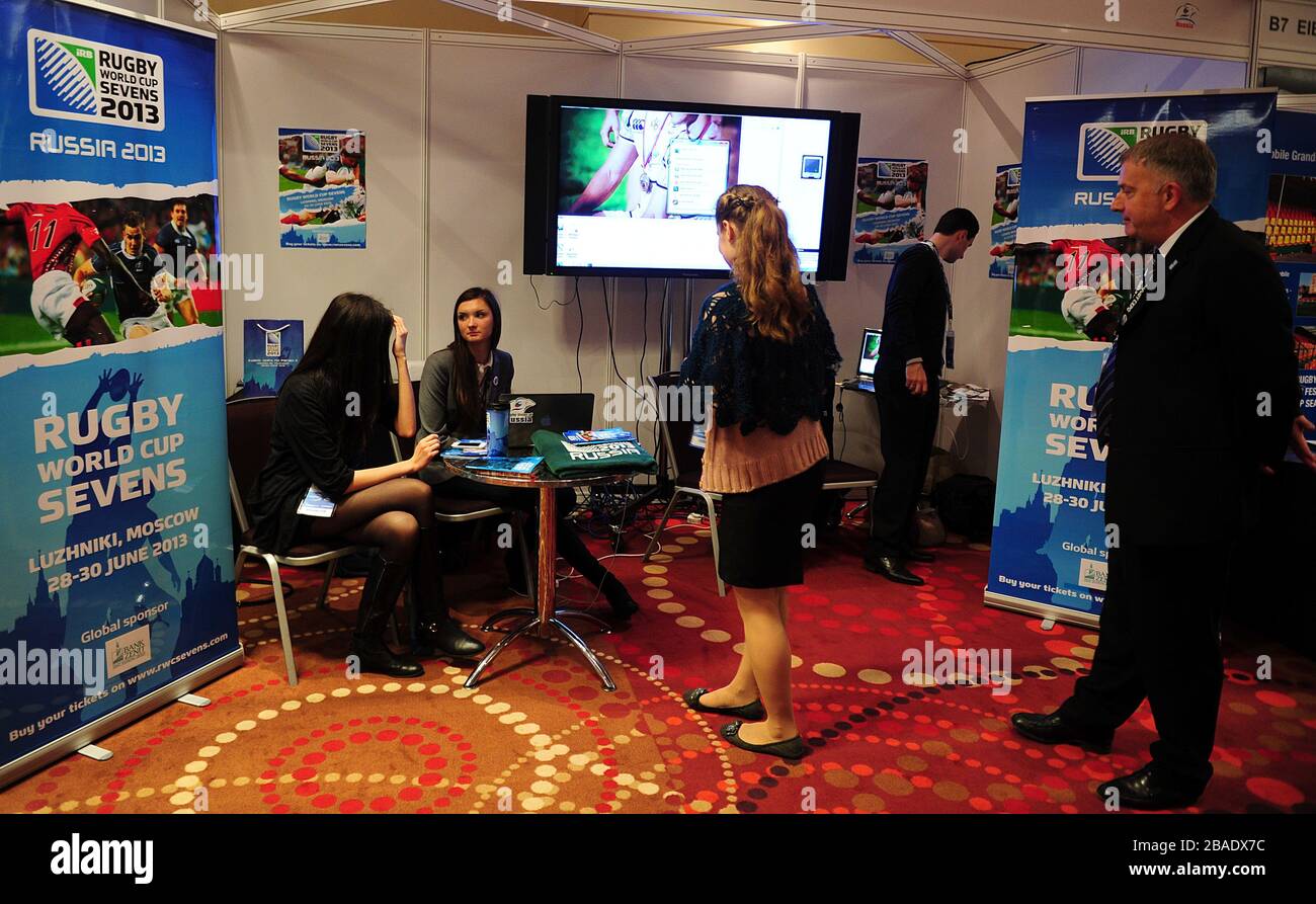 Delegates view the Rugby World Cup Sevens stand during Day Two of Rugby ...