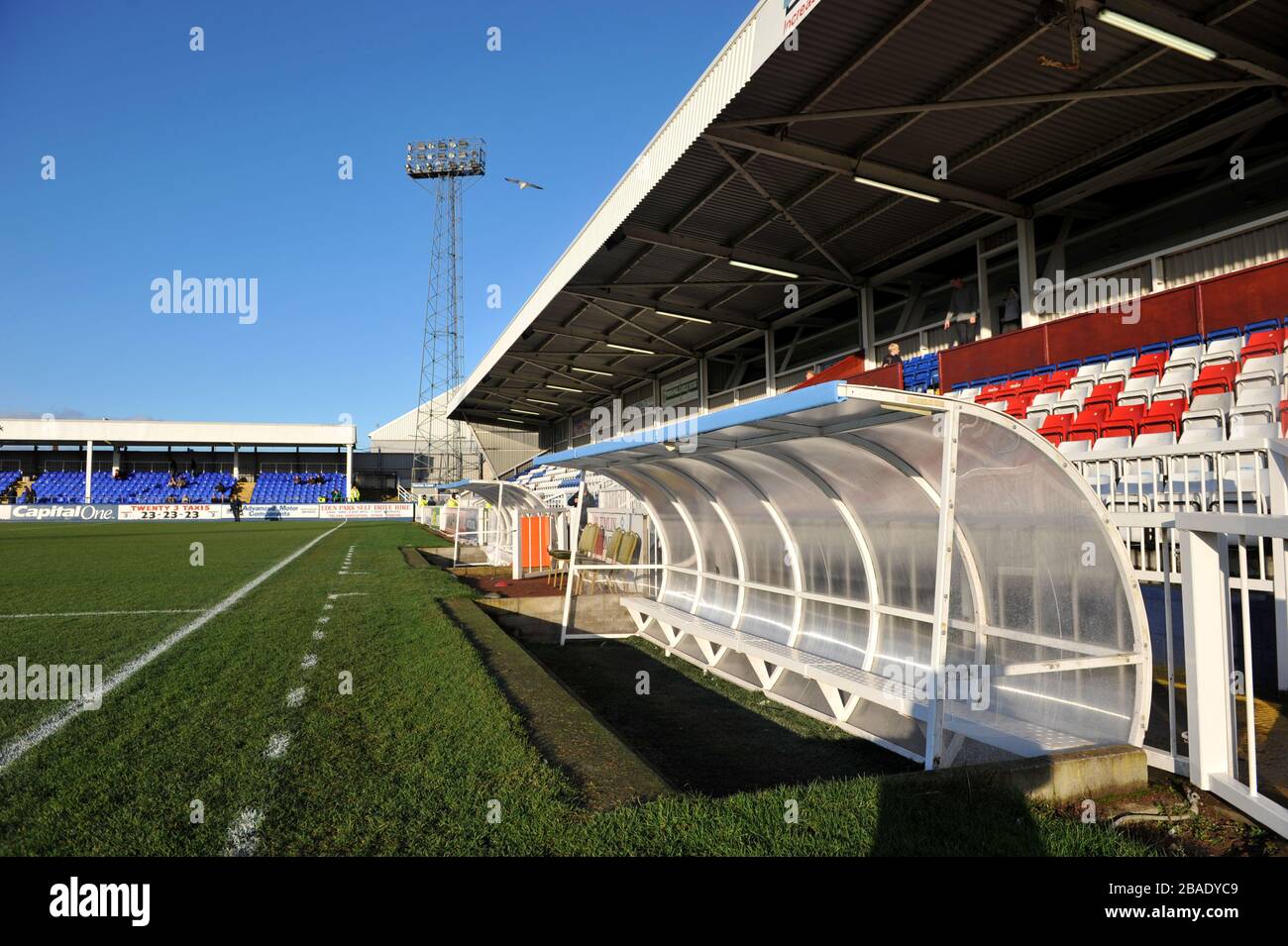 A general view of the dug out at Victoria Park, home of Hartlepool ...