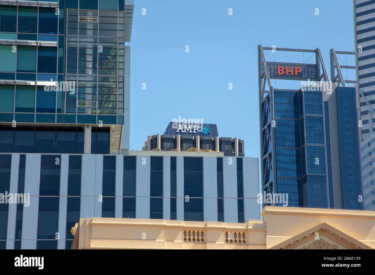 High rise office buildings of AMP and BHP seen in the financial sector ...