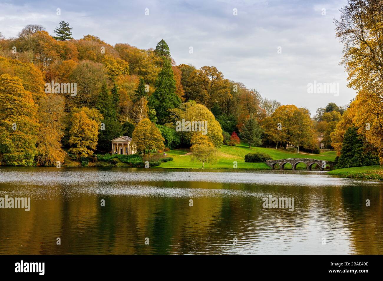 Brilliant autumn colour surrounds the lake and Palladian Bridge in ...