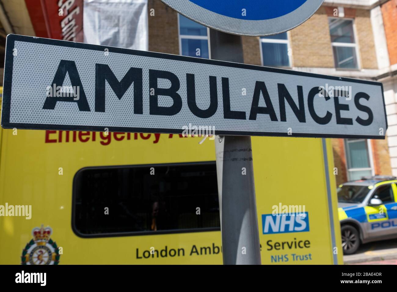 'Ambulances' sign outside NHS Kings Collage Hospital in Camberwell ...