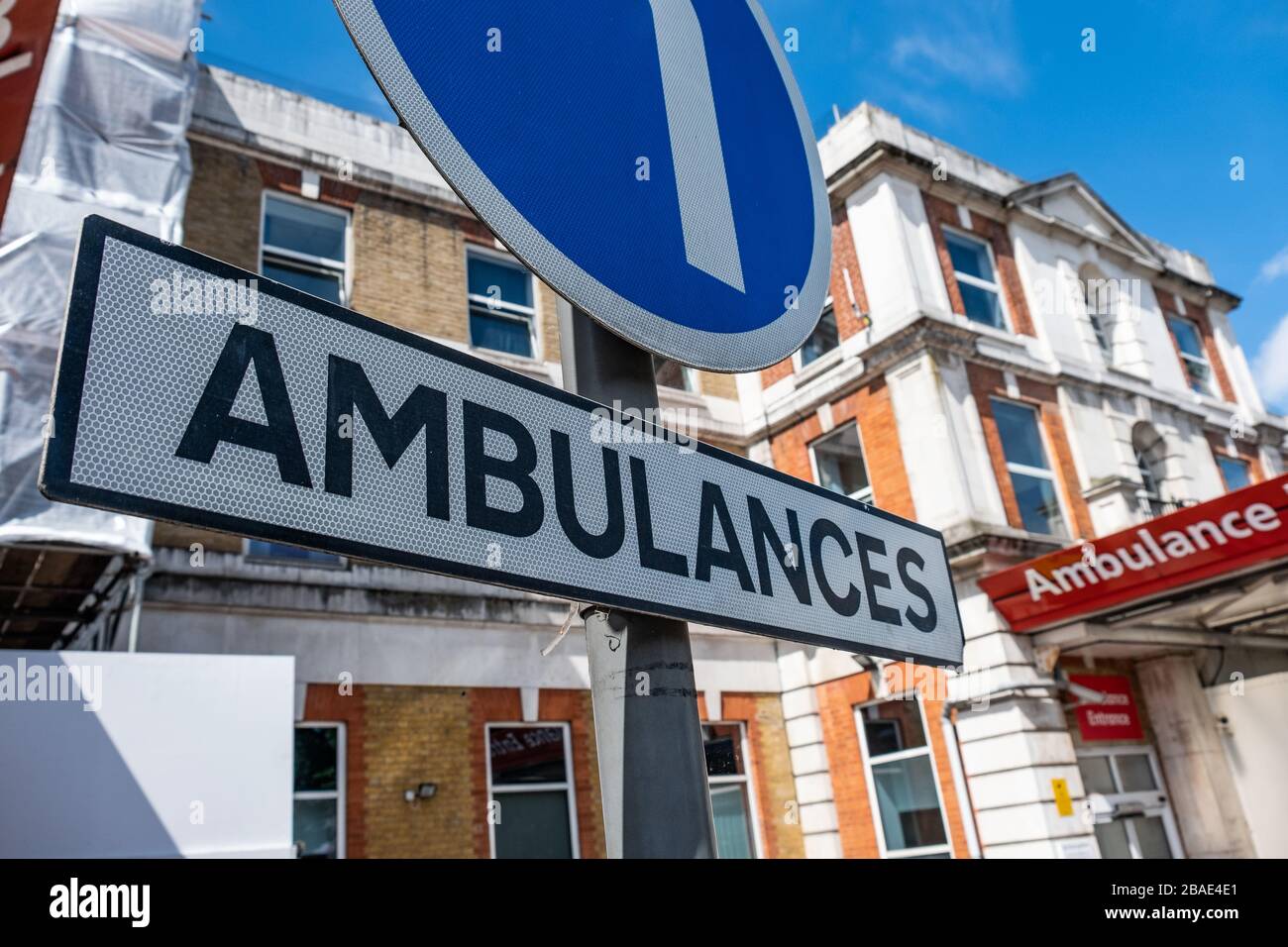 'Ambulances' sign outside NHS Kings Collage Hospital in Camberwell ...