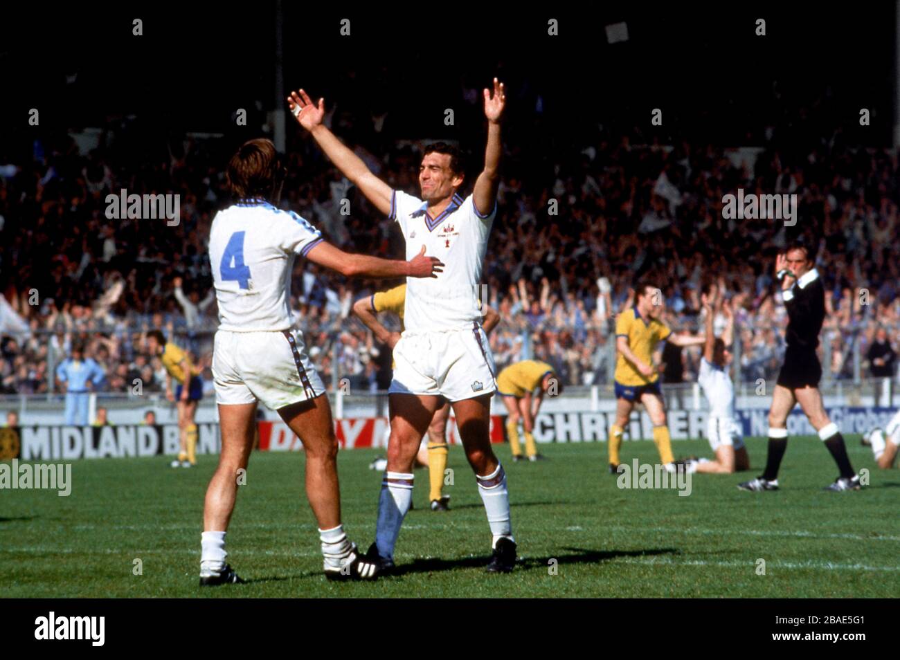 West Ham United's Trevor Brooking (r) celebrates victory with teammate ...