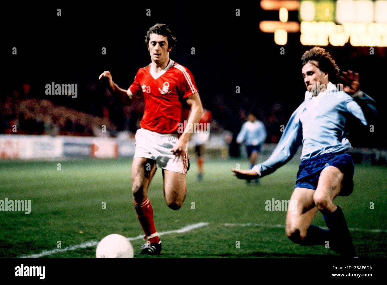 Nottingham Forest's Trevor Francis (left) chases a through ball Stock ...