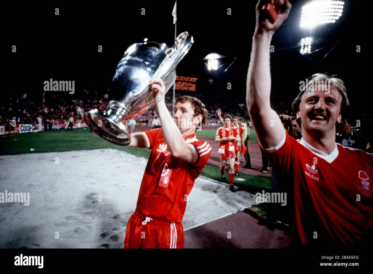 Nottingham Forest's Kenny Burns (right) and Ian Bowyer (left) celebrate ...