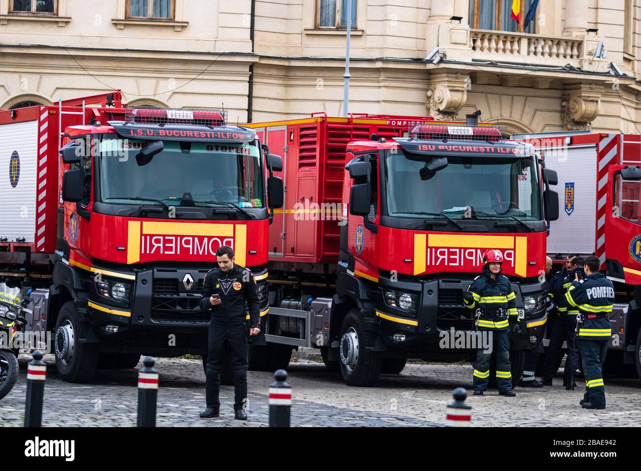 Romanian Firefighting emergency firemen (Pompierii) parked in front of ...