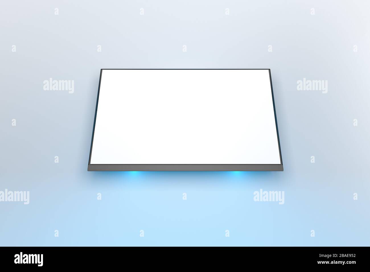3d rendering, front view of flat screen TV with lights bottom on wall ...
