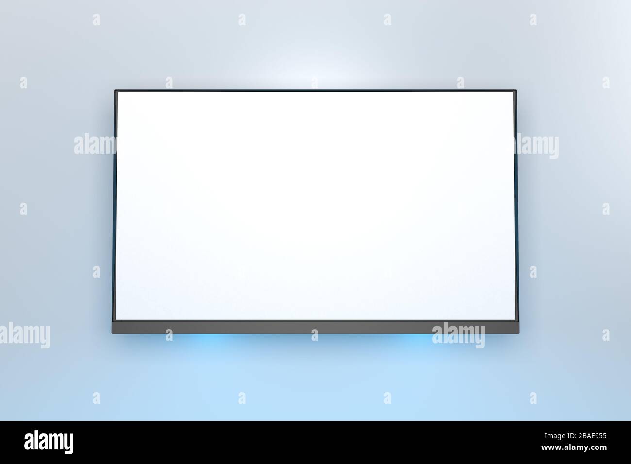 3d rendering, front view of flat screen TV with lights bottom on wall ...