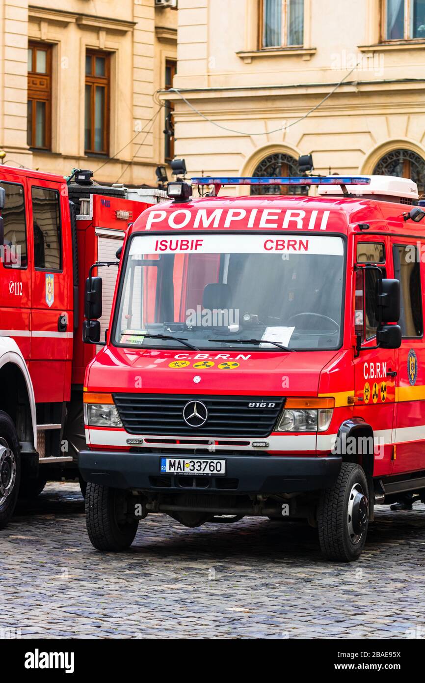 Romanian Firefighting emergency firemen (Pompierii) parked in front of ...