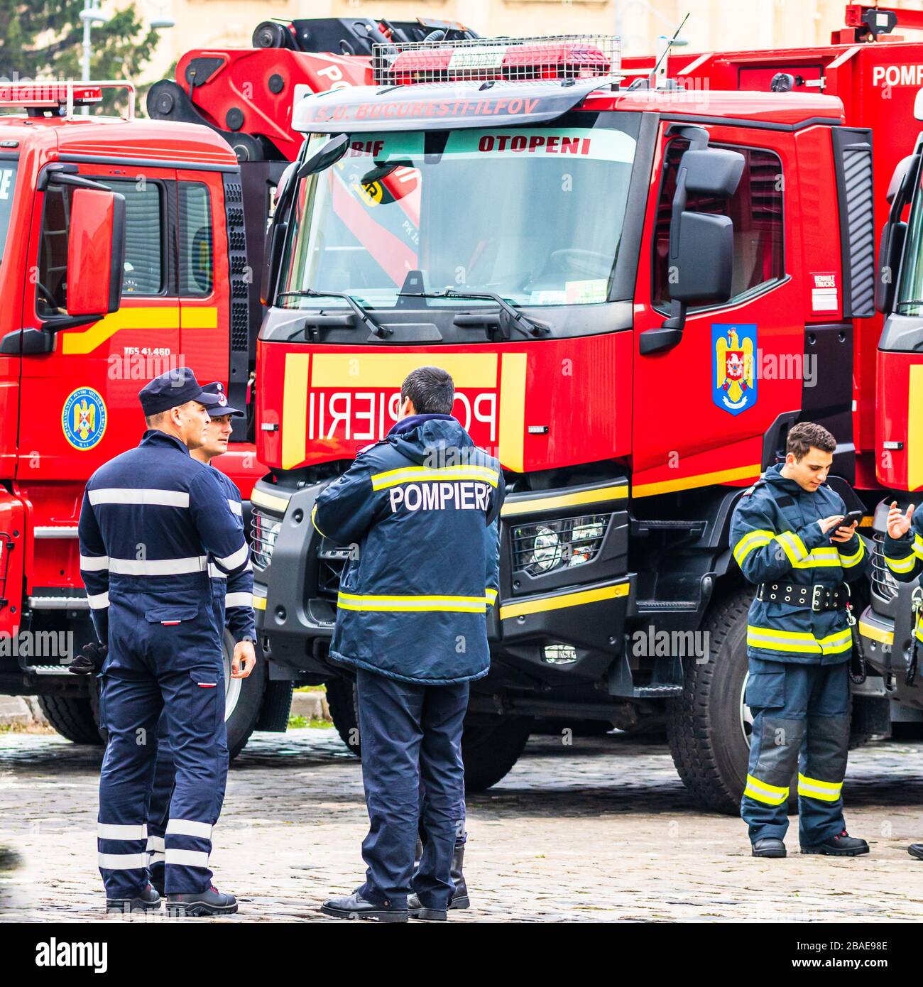 Romanian Firefighting emergency firemen (Pompierii) parked in front of ...