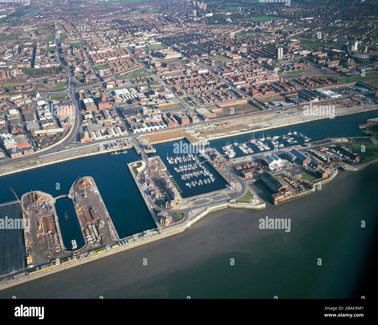 An aerial picture of Liverpool Dockside, now the site of the Arena ...